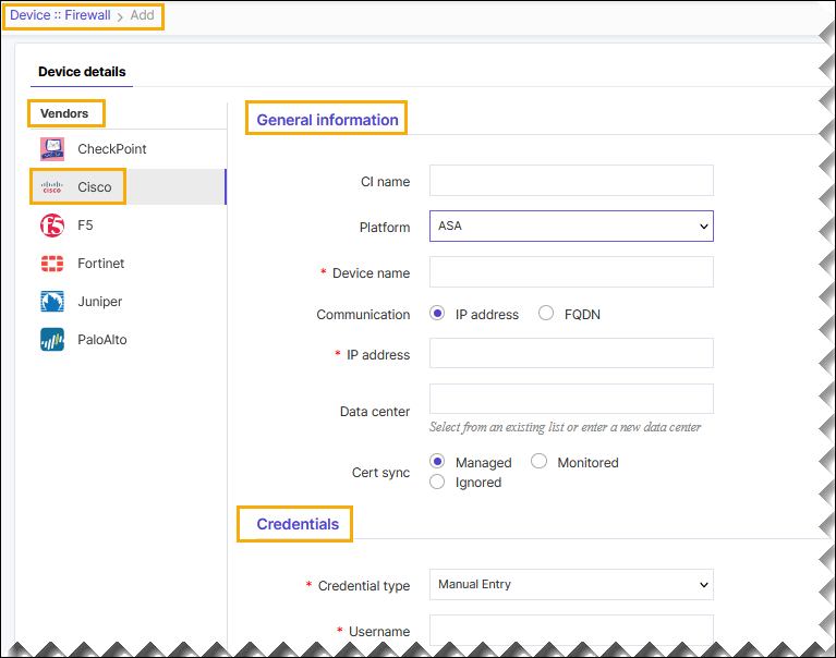Adding Cisco Firewall Device